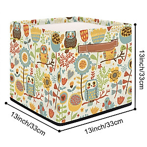13x13x13 Storage Cube Bins Flower Owl Fabric Storage Cubes 13 inch Collapsible Storage Bins Animal Birds Cubby Storage Baskets for Organizing Shelf Cabinet Bookcase Boxes
