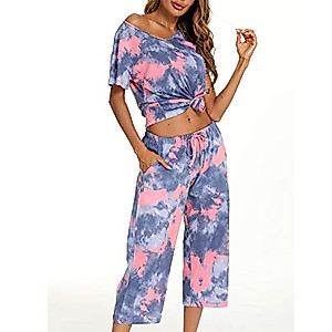ENJOYNIGHT Women's Tie Dye Printed Pajama Sets Sleepwear Top with Capri Pants Lounge Sets with Pocket(X-Large, Blue Pink)