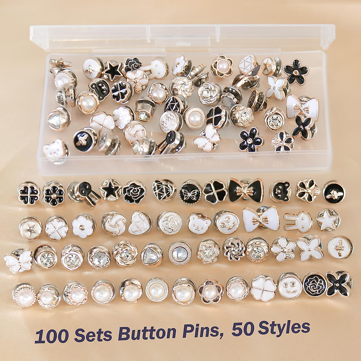 100 Sets Pearl Brooch Buttons, No Sew Instant Removable Reusable Cover Up Buttons Pins, Rhinestone Brooch Pins for Women Fashion, Replacement Safety Button For Clothing Shirt Dress Sweaters Coat Shawl