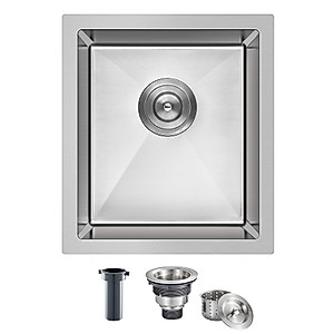 Bar Sink, KINKIB 13 x 15 inch Undermount Bar Sink or Prep Kitchen Sink, Handmade Kitchen Sink Single Bowl T-304 Stainless Steel Small Sink with Strainer