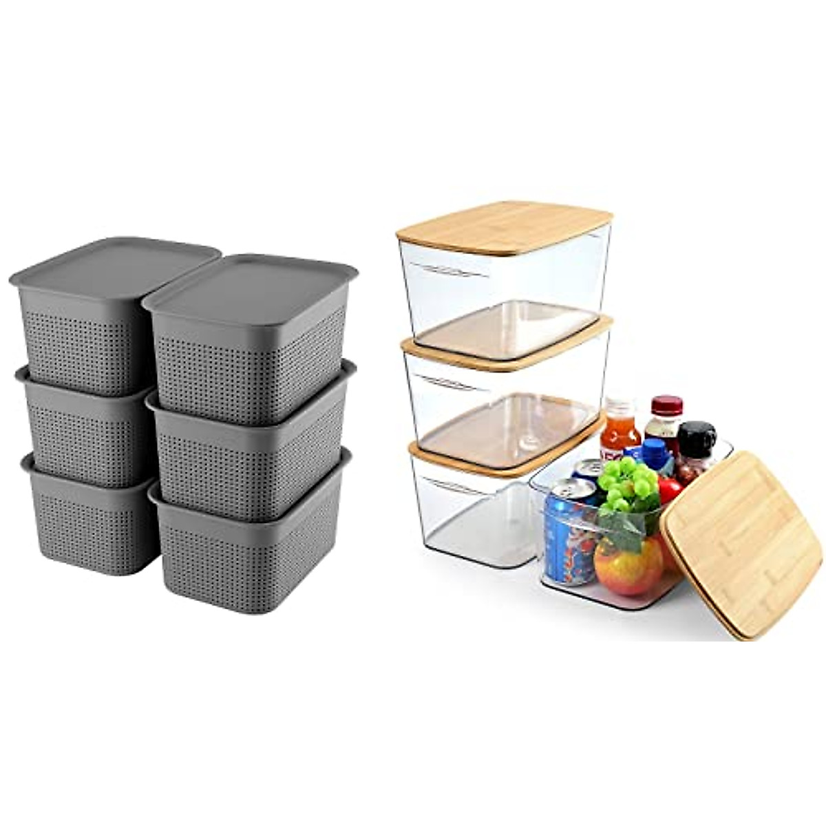 AREYZIN Set of 6 Lidded Plastic Storage Baskets + 6 Pack Clear Storage Bins with Bamboom Lids Freezer Organizer Bins Pantry Organization and Storage