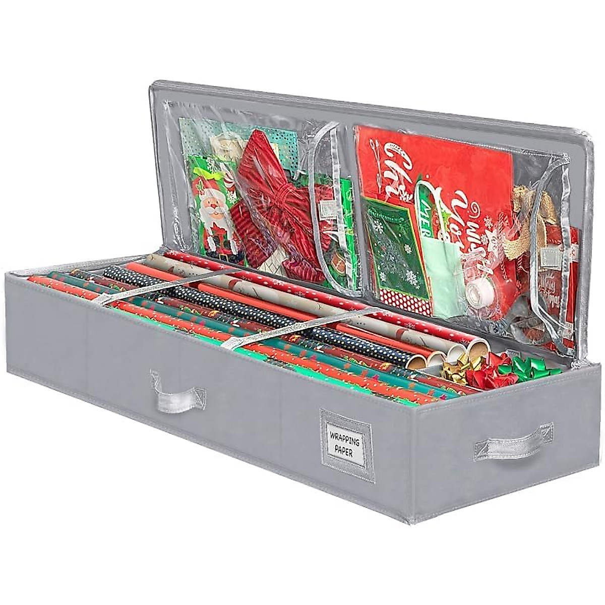 Premium Wrapping Paper Storage Container -Durable Material 600D tear-proof - Fits up to 27 Paper Rolls -Extra Pockets for Ribbons & Bows. Underbed Gift Wrap Organizer, Ideal for Holiday Christmas, etc