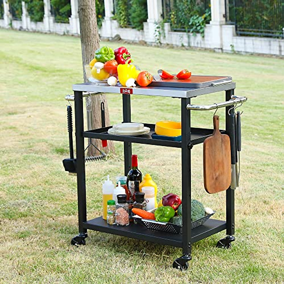 Feasto Rolling 3-Tier Adjustable Outdoor Pizza Oven Table and Food Prep Cart Table, Home and Outdoor Multifunctional Stainless Steel Table Top Worktable on Four Wheels, L34’’x W16.1’’x H33’’