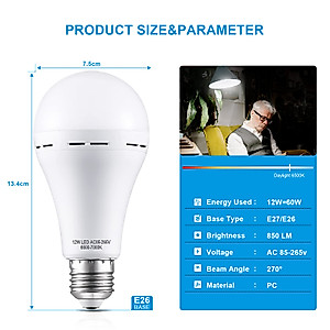 Rechargeable Light Bulbs Emergency Lights for Home Power Failure A19 Battery Operated Light Bulbs 1200mAh 6500K 12W 60W Equivalent LED Bulb for Camping,Hiking,Hurricane(Daylight,Pack of 4)