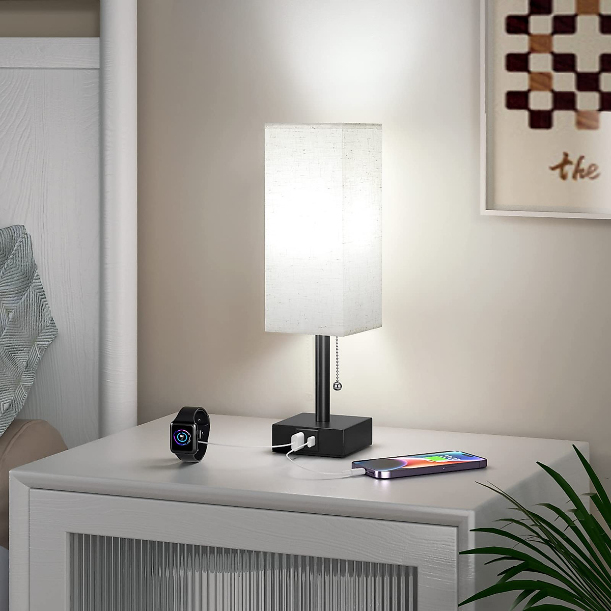 Aooshine Bedside Table Lamp with 3 Levels Brightness - 2700/3500/5000K Small Lamp with USB C+A Ports, Nightstand Light with 3 Color Modes by Pull Chain, Bedroom Lamp for Living Read(LED Bulb Included)