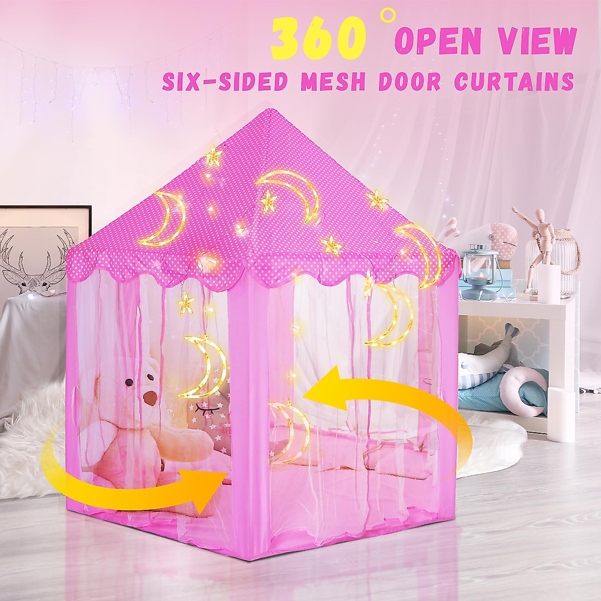 LOJETON Princess Castle Play Tent with Big Moon Star String Lights for Girls, Large Hexagon Playhouse, Kids Dream Tent Toy for Children Indoor Outdoor Games, 55" x 53" (Pink)