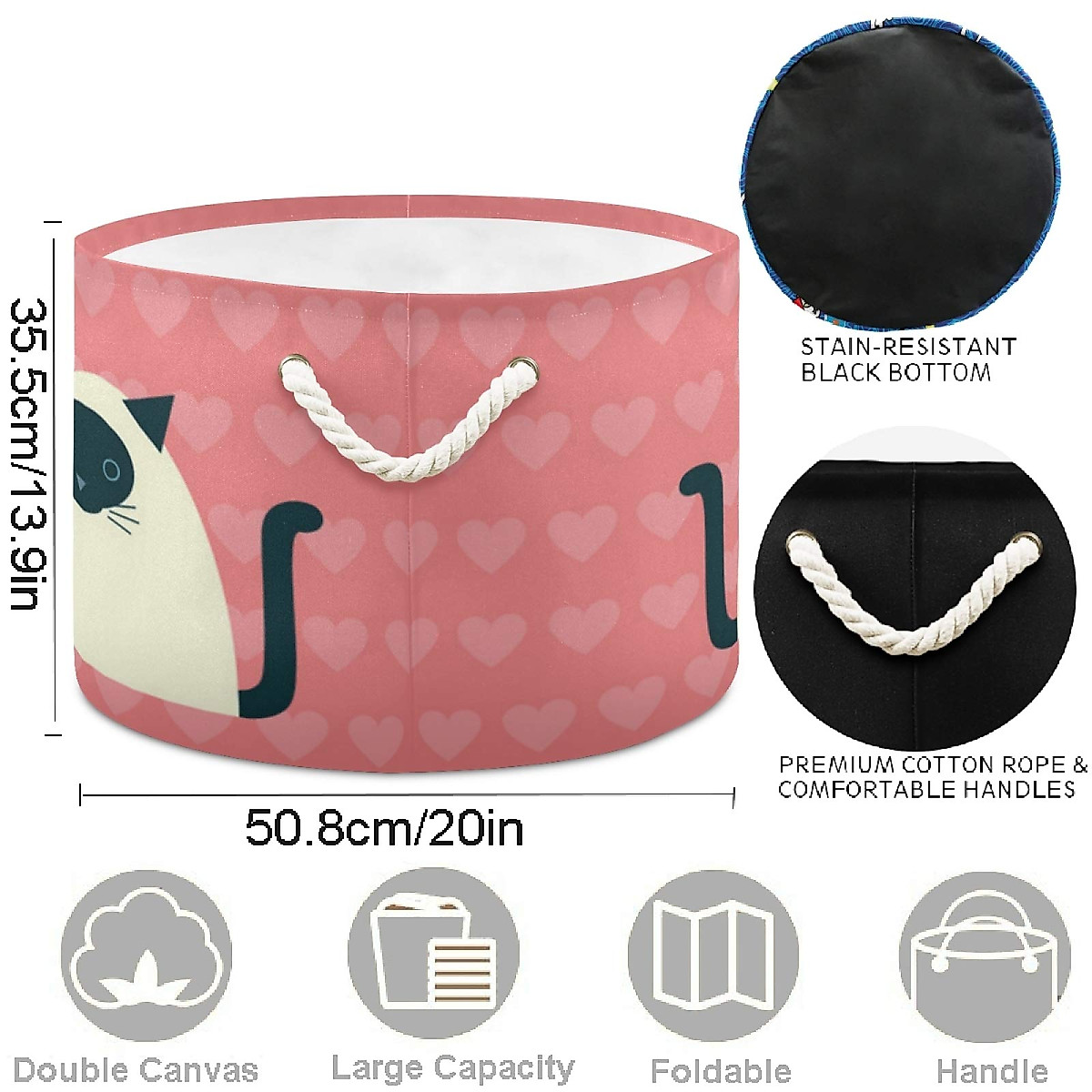 visesunny Cat Pink Heart Cartoon Collapsible Large Capacity Basket Storage Bin with Durable Cotton Handles, Home Organizer Solution for Office, Bedroom, Closet, Toys, Laundry