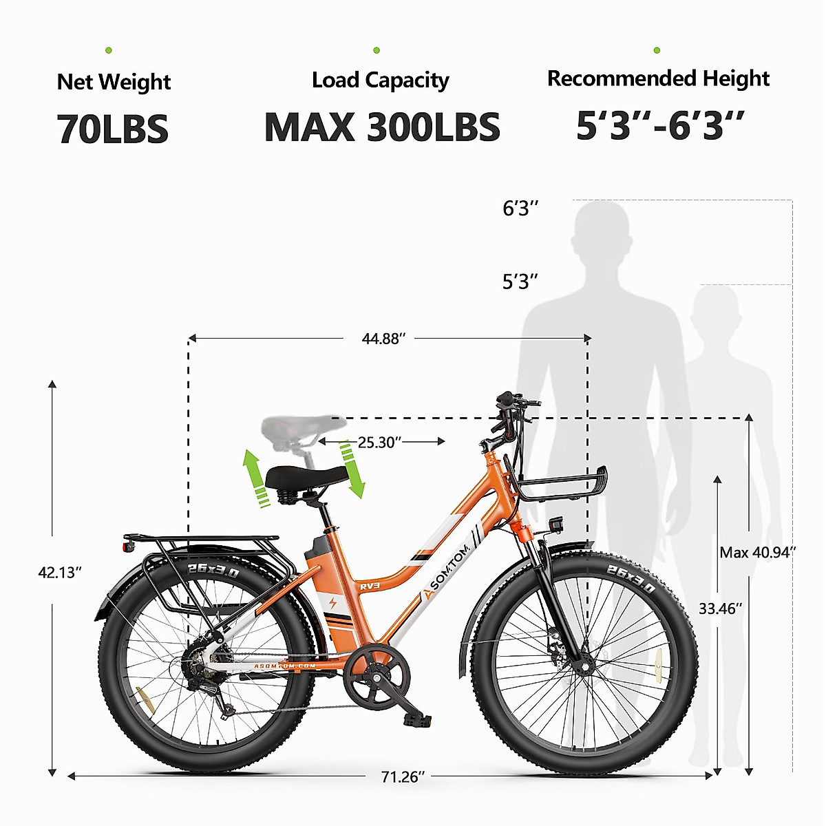 Asomtom 350W Electric City Commuter Bike with 26" x 3.0" Fat Tires, Removable Battery, up to 40 Miles Range, 20+ MPH Speed, UL Certified