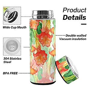 CaTaKu Watercolor Flower Water Bottle Insulated 16 oz Stainless Steel Flask Thermos Bottle for Coffee Water Drink Reusable Wide Mouth Vacuum Travel Mug
