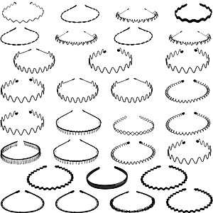 Fahacop 30 Pack Metal Headbands Black Spring Wavy Metal Hair Band Slicked Back Headband for Men Women Non Slip Sports Headwear, 30 Styles