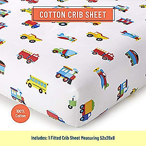Wildkin Kids 100% Cotton Fitted Crib Sheet for Boys and Girls, Crib Sheets Measures 52 x 28 x 8 Inches, Kids Crib Sheets with Super Soft and Breathable Material (Trains, Planes, and Trucks)