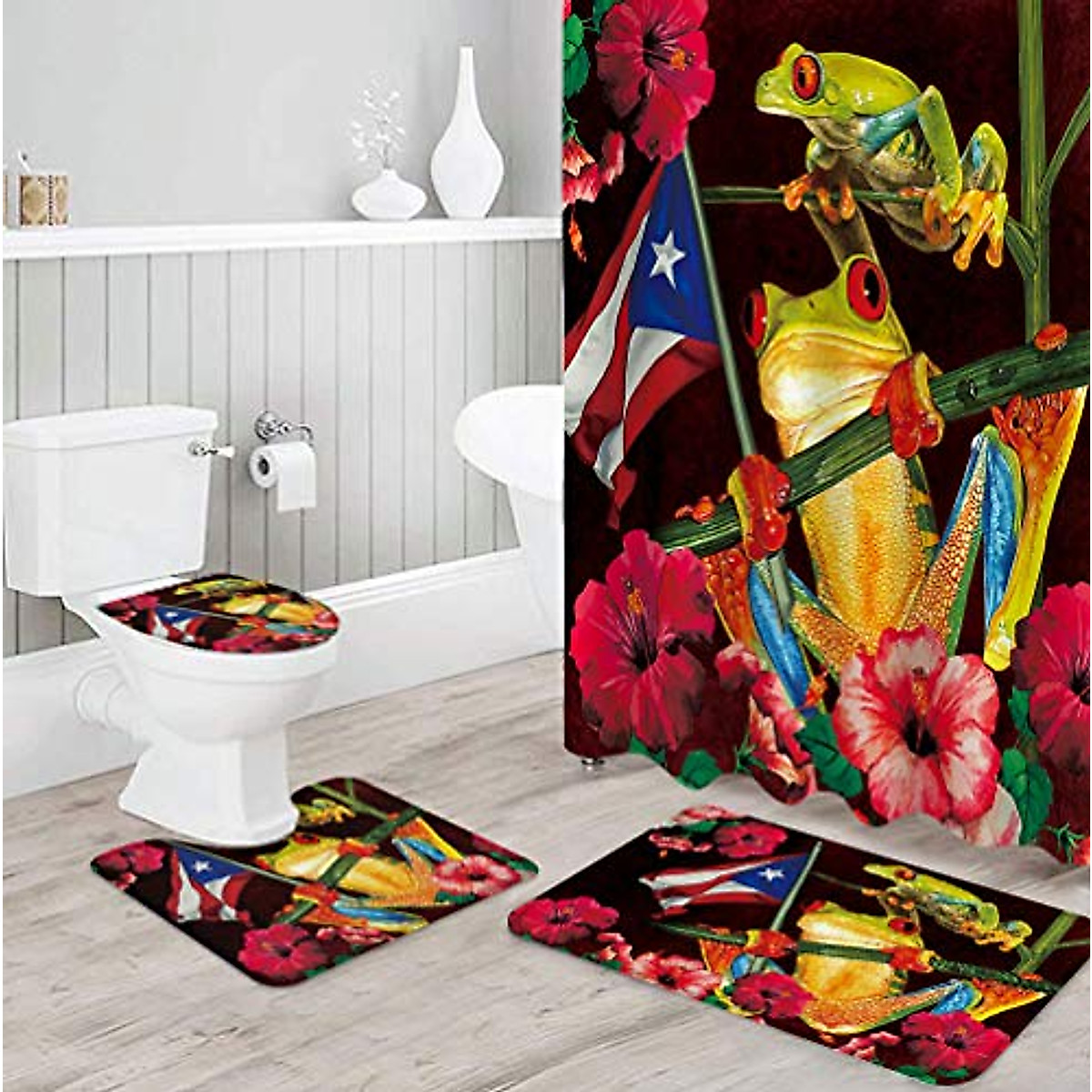 MuswannaA 4 Piece Shower Curtain Sets Puerto Rican Flag Frog with Colorful Hibiscus Flowers Non-Slip Rug, Toilet Lid Cover, Bath Mat Waterproof Shower Curtain Bathroom Sets with 12 Hooks Bath Decor