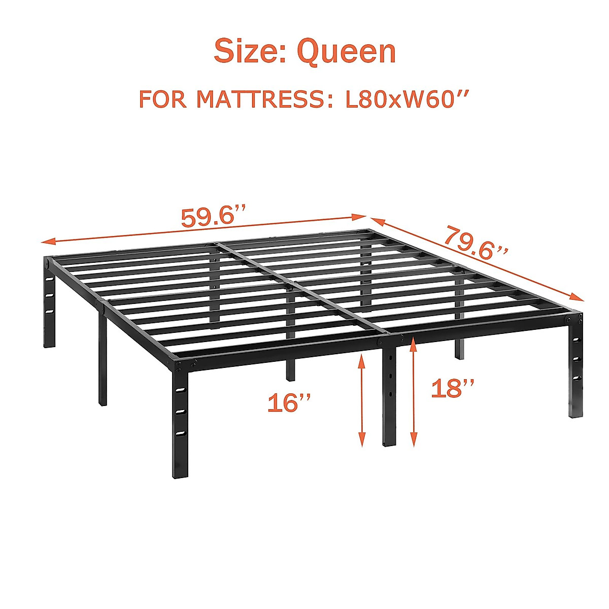 zunatu 18 Inch Queen Metal Bed Frame Foundation No Box Spring Needed Heavy Duty Tall Platform with Large Storage Easy Assembly Mattress Noise Free, Black