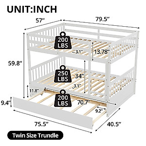 Full Over Full Bunk Bed with Trundle, Pine Wood Bunkbeds with Build-in Ladder and Safety Rails, Convertible to 2 Full Size Platform Bed for 3 Teens& Adults, No Box Spring Needed, White