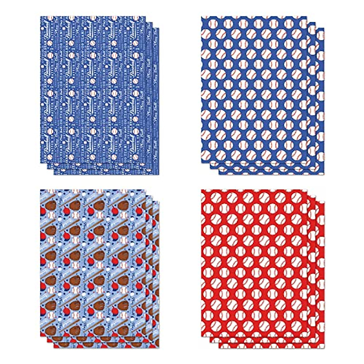 FIEHALA Flat Wrapping Paper Sheets - 12 Sheets with 4 Baseball Patterns - Pre cut & Folded Flat Design (20 inch × 27.5 inch per sheet)