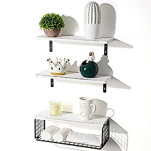 Floating Shelf ,Floating Shelves Wall Mounted Set of 3 ,Solid Wood Floating Shelves with Brackets and Basket Set,Rustic Wood Wall Shelves for Kitchen Living Room,Bedroom Shelves,Bathroom Shelf (White)