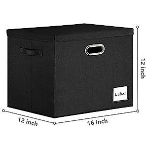 LHZK Extra Large Storage Bins with Lids 16x12x12 Foldable Linen Fabric Storage Boxes with Lids, Decorative Fabric Storage Bins with Label & 3 Handles for Shelves Bedroom Home Office (Black, 2-Pack)