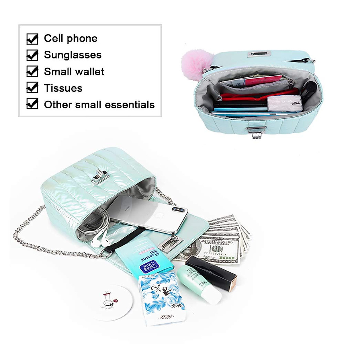 GLITZALL Cute Purses for Teen Girls Small Purse and Quilted Crossbody Bags for Women with Chain Strap, Nylon Lightweight, 8”