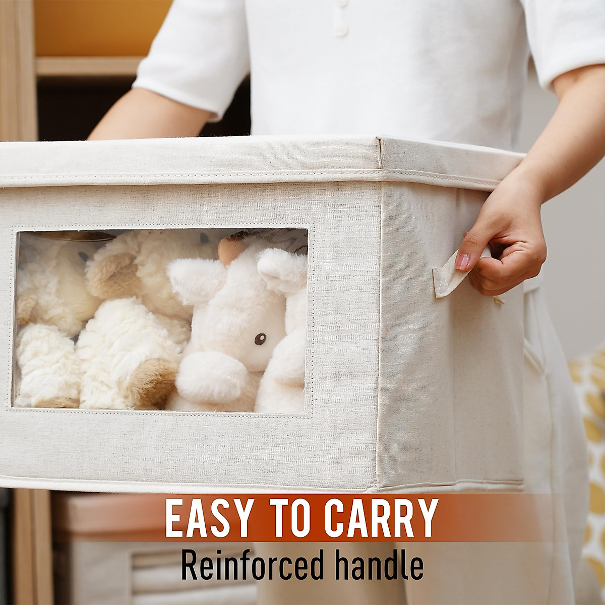 Citylife 3 Pack Storage Bins with Lids, Fabric Foldable Storage Bins with Soft Cord Handles, Canvas Storage Bin with Lid for Organizing Clothes, Blankets and Books, Beige