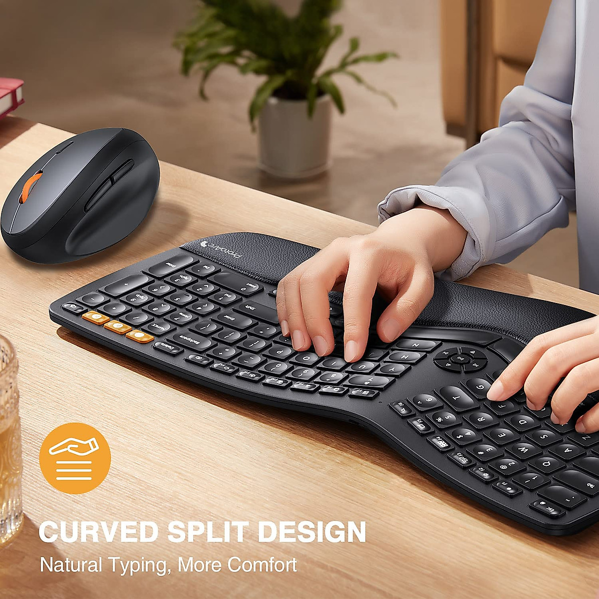 ProtoArc Wireless Ergonomic Keyboard, EK01-NL Ergo Bluetooth Keyboard, Split Design, Palm Rest, Natural Typing, Multi-Device, Rechargeable, Windows/Mac/Android (Basic Version)