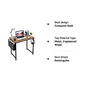 Lufeiya Small Computer Desk Study Table for Small Spaces Home Office 31 Inch Rustic Student Laptop PC Writing Desks with Storage Bag Headphone Hook,Brown