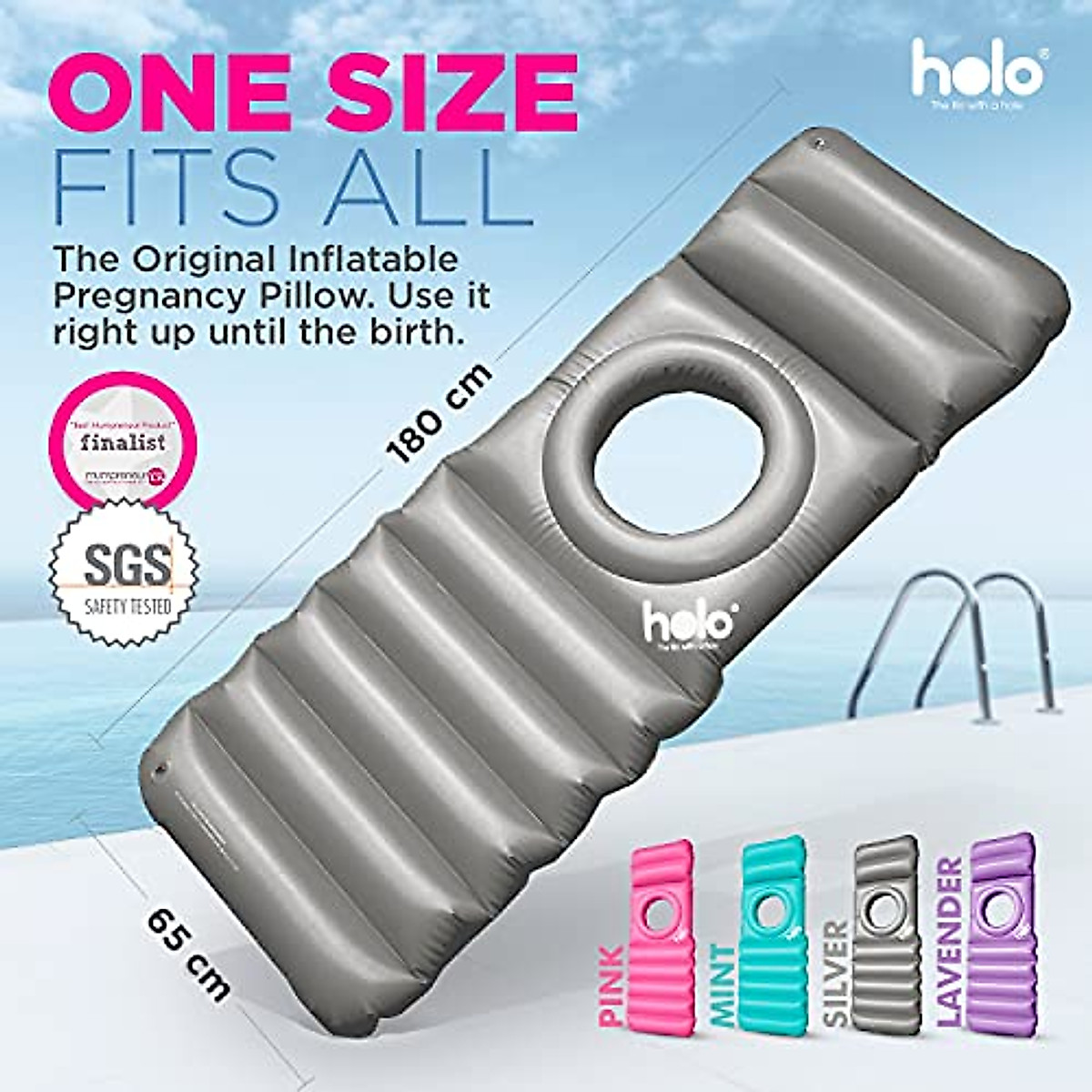 HOLO The Original Inflatable Pregnancy Pillow, Pregnancy Bed + Maternity Raft Float with a Hole to Lie on Your Stomach During Pregnancy, Safe for Land + Water, Silver