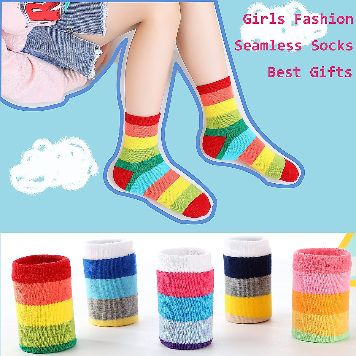 Marchare Girls Seamless Crew Cotton Socks Kids Casual Socks School Socks Rainbow Stripes Color A 5 Pack 6-8 Years
