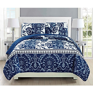 Mk Collection 2pc Twin/Twin Extra Long Bedspread Coverlet Quilted Floral White Navy Blue Over Size New #186