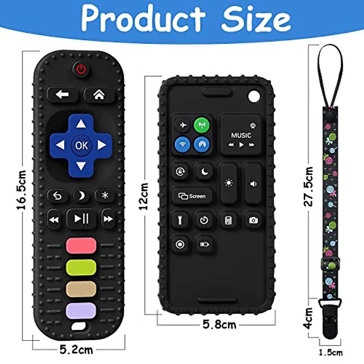 Aolso 2PCS Baby Teether Toys Silicone, Remote Control Shape Teething Toys and Cell Phone Teething Toys with 2PCS Pacifier Clip, Baby Teething Toys for 0-12 Months, Chew Toys BPA Free/Freezable(Black)