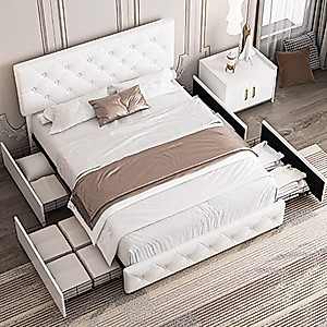 Queen Bed Frame with Storage and Adjustable Headboard, Bed Frame with 4 Drawers and Wooden Slats Support, No Box Spring Needed, PU, White