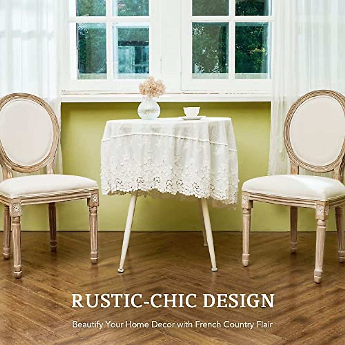 VONLUCE Vintage French Accent Chairs Set of 2, Upholstered Fabric Farmhouse Dining Chairs for Living Room Bedroom Kitchen, 2pc Vanity Chairs with Round Backs and Rubberwood Legs