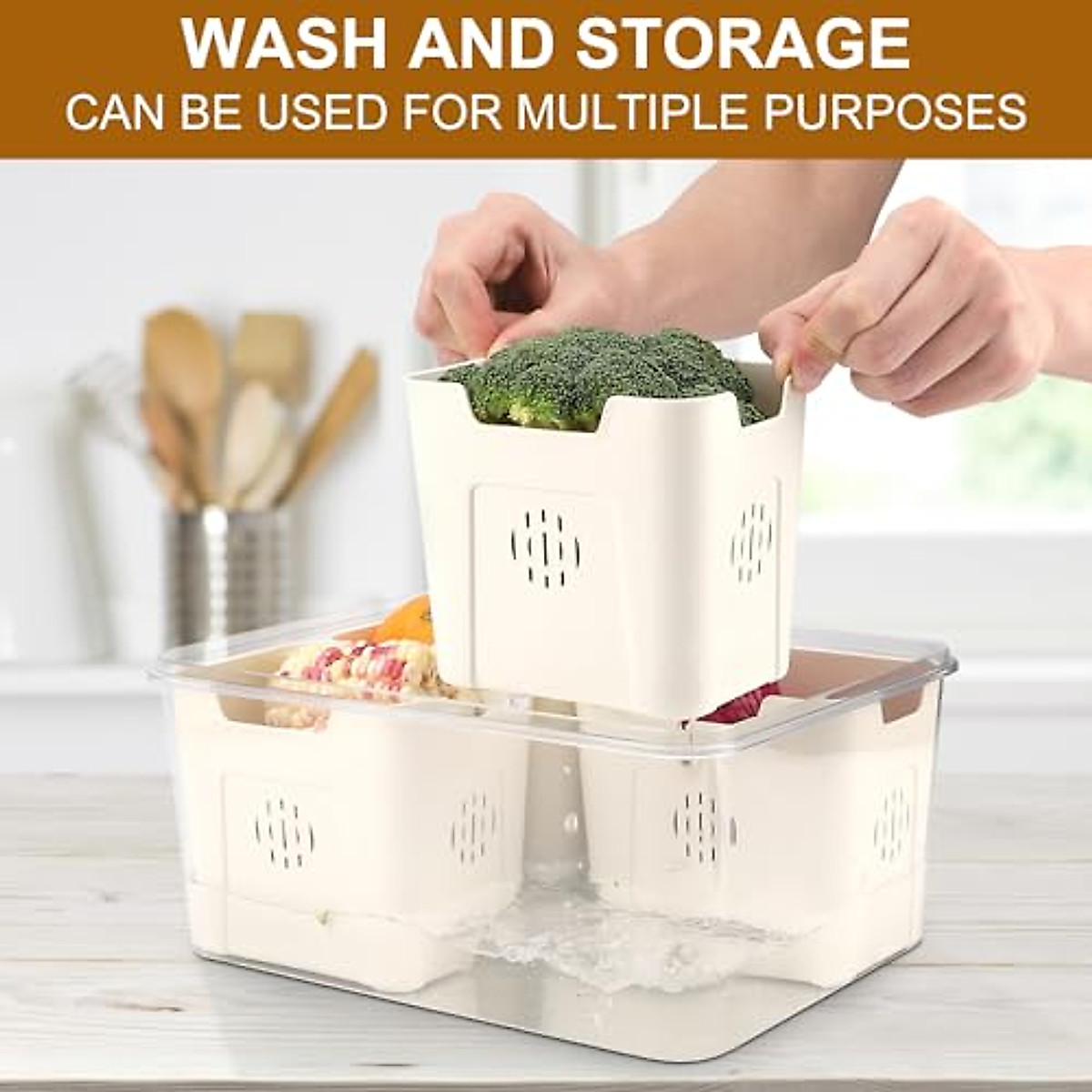 Airtight Fruit Storage Containers for Fridge with Lids & Handle, BPA-Free Food Storage Container with 4 Removable Colanders, Berry Vegetable Fresh Produce Saver, Refrigerator Organizer Bins