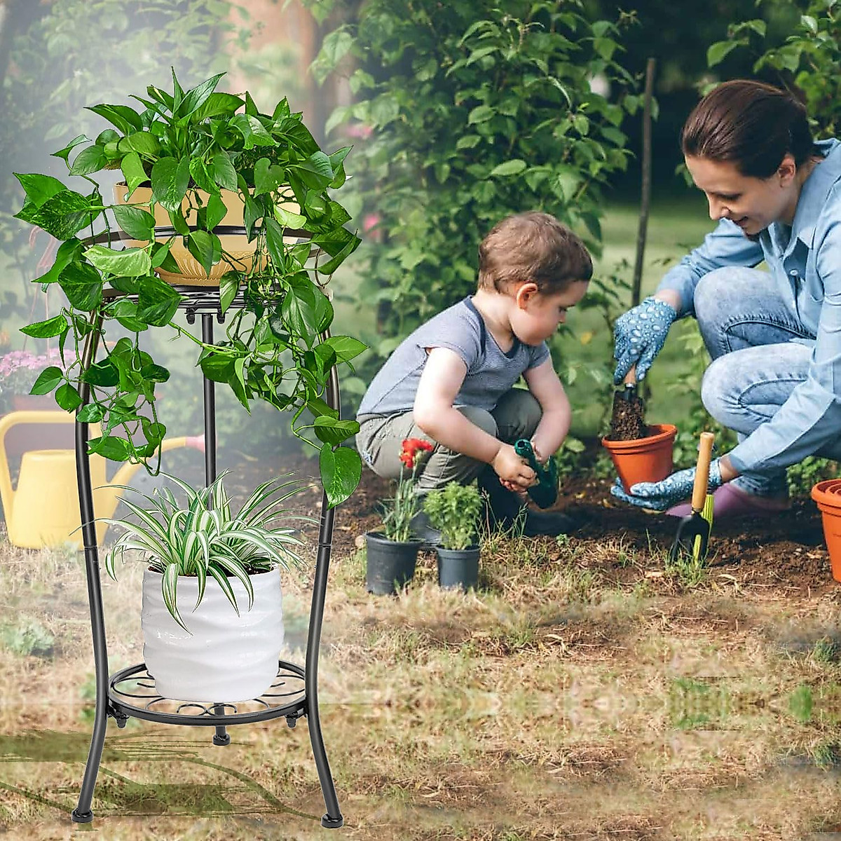 THKFUL Metal Plant Stands Indoor Outdoor, 2 Tier Tall Potted Plant Stand Plant Shelf Flower Pot Stand Iron Plant Holder for Multiple Planter,Rustproof Corner Plant Rack(20.3'')