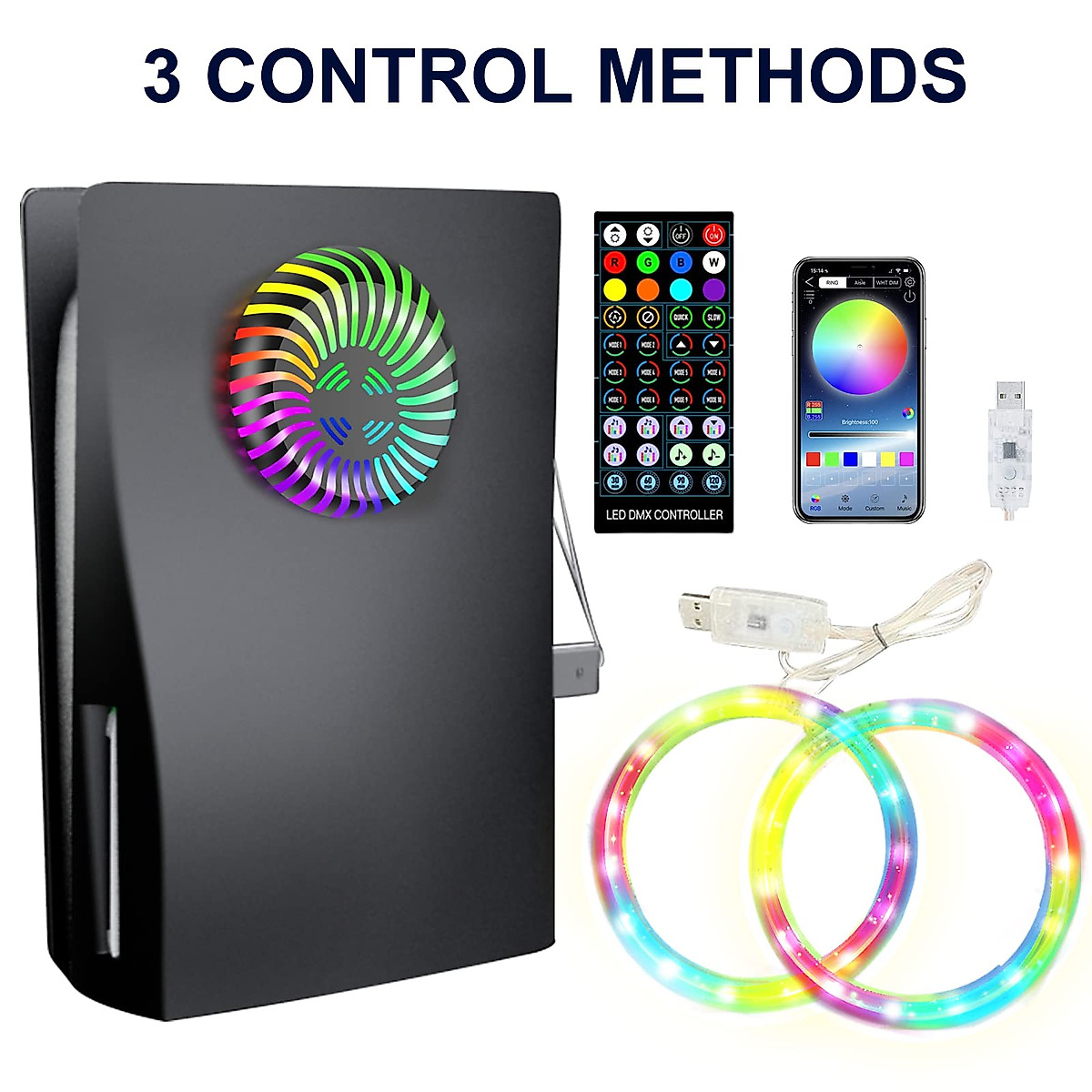 Joso Face Plates Cover and RGB LED Light Strip for PS5 Disc Edition Console, Shell Plates with Fan Vents for PS5 Accessories, Music Sync with 8 Colors 400+ Lighting Effects for PS5, ABS Anti-Scratch