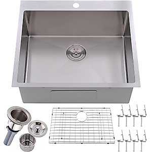 VALISY 25 x 22 x 9 Inch Drop In Topmount Stainless Steel Brushed Nickel Single Bowl Kitchen Sink Extra-thick 16 Gauge, RV Kitchen Sink with Dish Grid and Basket Strainer