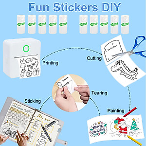 Vicbear Mini Sticker Printer, Sticker Maker Machine Printer with 10 Sticker Paper Rolls, Mini Printer Sticker Maker for Photos/Labels/Notes, Inkless Thermal Portable Printer for Phone/Tablet, White