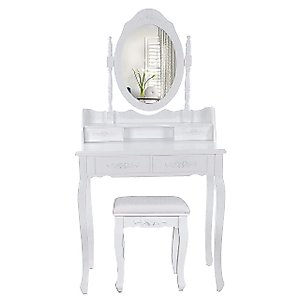 The Urban Port Ren 30-Inch 3-Piece Vanity Desk Set with Rotating Mirror and Matching Stool, 4 Drawers, Solid Wood, Pure White