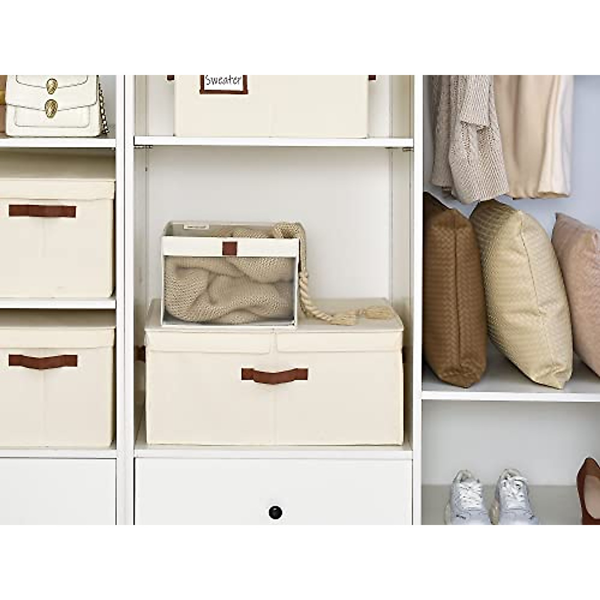 StorageWorks 55L Storage Bin, Decorative Closet Storage Box with Double-Open Lid, Divider Board and 3 PU Handles, Hand Wash, Canvas, Ivory White, Extra Large