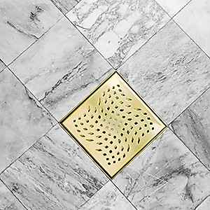 Brushed Gold Square Shower Drain with Flange 4x4, HIDROP 4 inch SUS 304 Stainless Steel Brass Gold Shower Floor Drain with Removable Hair Strainer