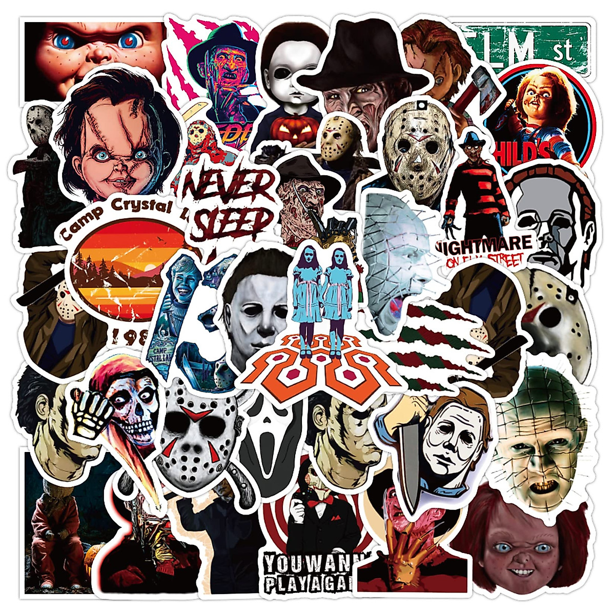 50Pcs Thriller Horror Movie Killer Role Character Stickers for Water Bottle Cup Laptop Guitar Car Motorcycle Bike Skateboard Luggage Box Vinyl Waterproof Graffiti Patches XQX