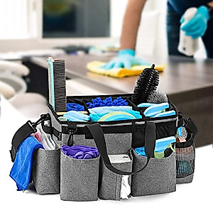LoDrid Wearable Cleaning Caddy Bag with 4 Foldable Dividers, Cleaning Supply Tote for Cleaning Supplies, Cleaning Organizer with Shoulder Strap and Side Handles for Cleaners & Housekeepers, Grey