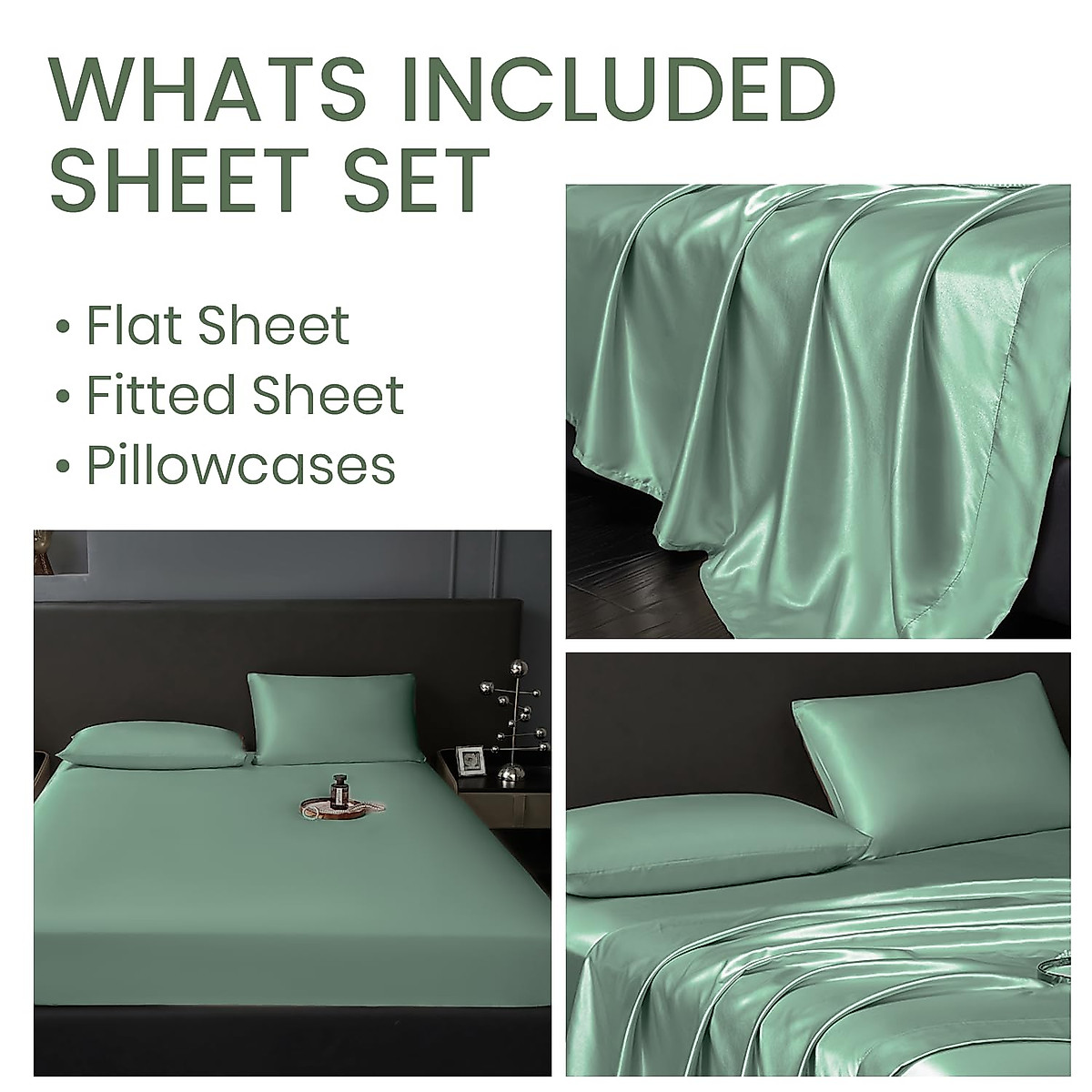 Revdomfly 4 Pcs Full Size Luxury Silky Soft Grass Green Satin Sheet Set,1 Premium Moisture Wicking Fitted Sheet Fits Up to 16 Inches Deep Pocket + 1 Flat Sheet + 2 Pillowcases（Grass Geen, Full）