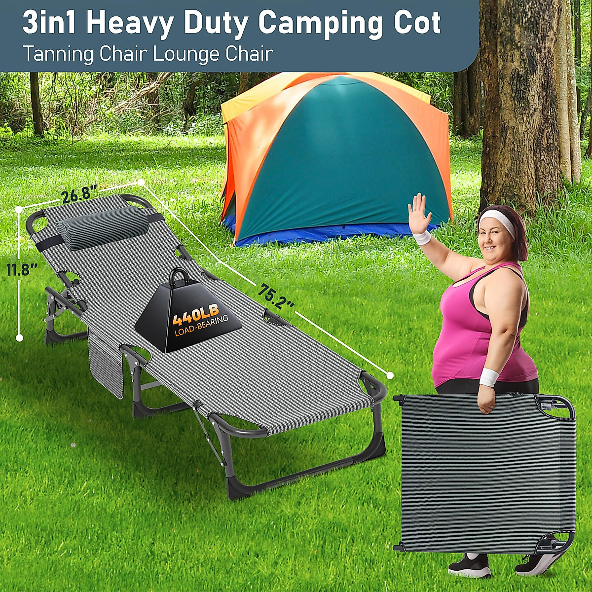 DoCred Folding Chaise Lounge Chair, Folding Cot, 5-Position Adjustable Heavy Duty Patio Chaise Lounges for Outside, Poolside, Beach, Lawn, Camping