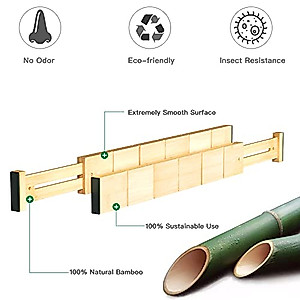 Hodeuineer Bamboo Drawer Dividers With 6 Inserts,Spring Loaded Kitchen Drawer Organizer,Adjustable Drawer Dividers Works In Bedroom,Bathroom,Office and Kitchen,4 Pack(17-22inch)
