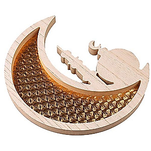 PTYQU Wooden Star Moon Shaped Ramadan Tray, Marble Pattern Tableware Tray Eid Mubarak Party Serving Wood Display Decoration Home Ornament (Gold)
