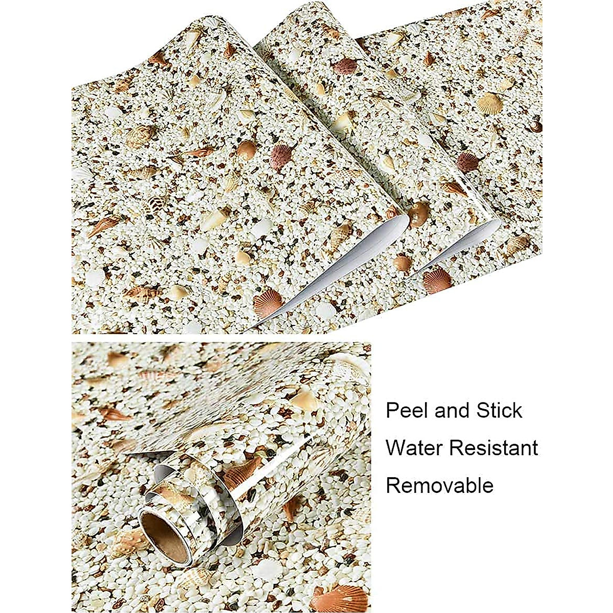 HDsticker Self Adhesive Vinyl White Beach Shell Marble Granite Contact Paper for Kitchen Countertop Table Desk Walls Furniture Decal Removable Waterproof 15.7X117 Inches, Multicolor