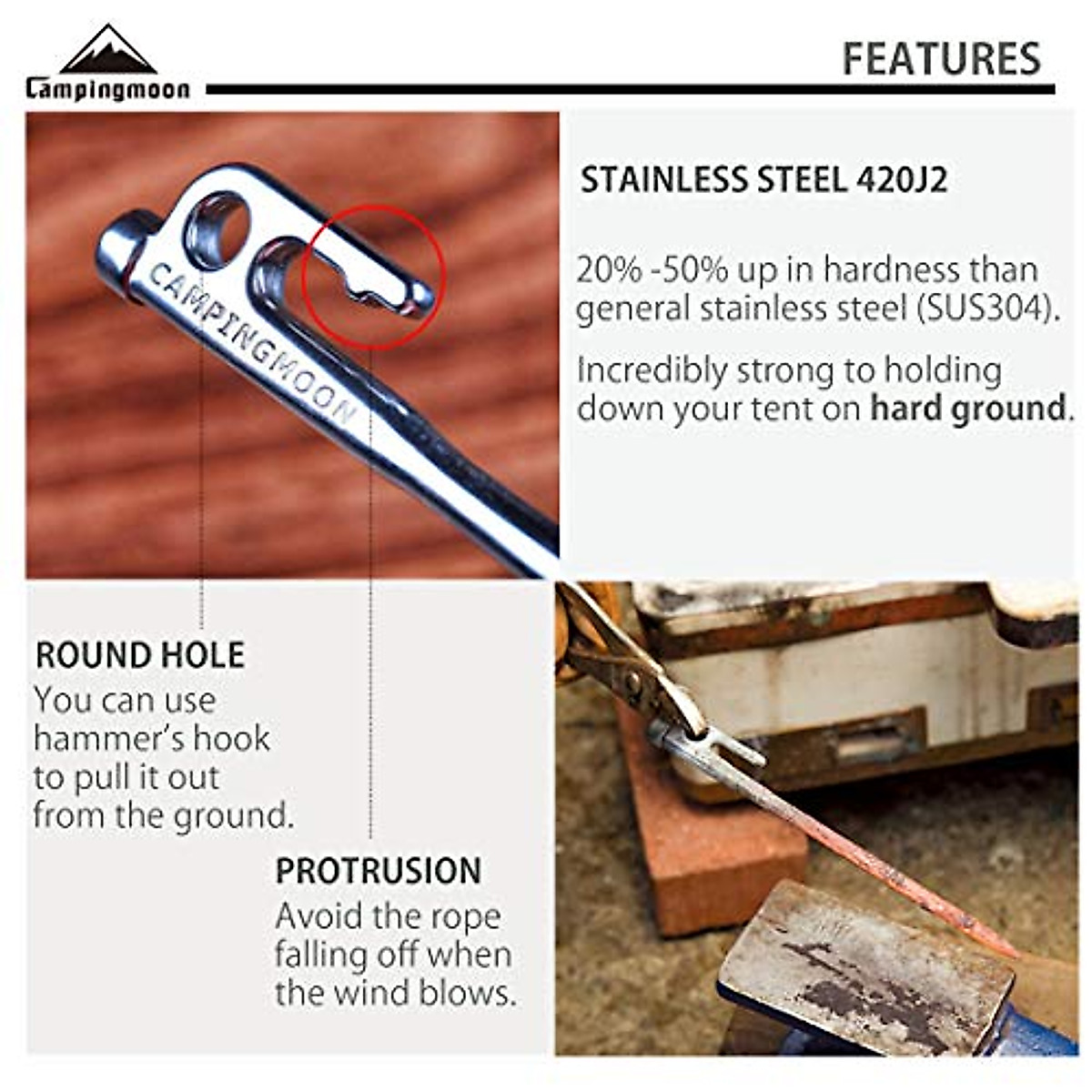 CAMPINGMOON 11.81-inch 8pcs Martensitic Stainless Steel 420J2 Hardened Forged Tent Stake Power Peg Ideal for Hard Ground R-30-8P