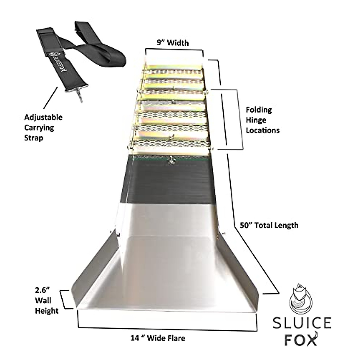 Sluice Box for Gold Mining; 50 inch Gold Prospecting Sluice; Folding Aluminum Sluice Box with Miners Moss; Large Gold Box for Gold Mining and Gold panning kit