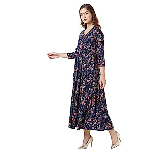 Tissu Women's Navy Blue & Pink Floral Printed Flared Kurta (Blue_S)