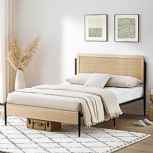 IDEALHOUSE Queen Size Bed Frame with Rattan Headboard, Platform Bed Frame with Safe Rounded Corners, Strong Metal Slats Support, Mattress Foundation, Noise-Free, No Box Spring Needed, White Oak